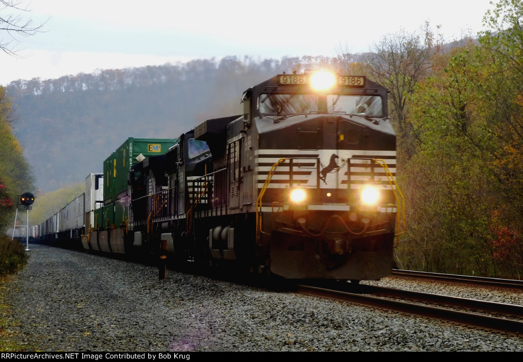 NS 9186 leads eastbound stacks and pigs through Millerstown on the Middle Division